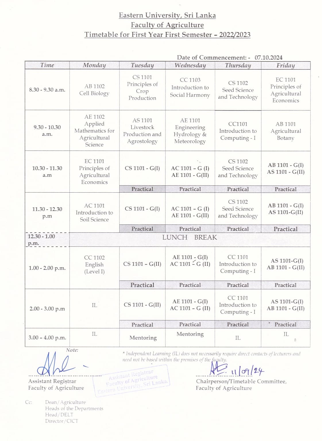 Semester Timetable for 1st Year 1st Semester - 2022/2023 | Faculty of Agriculture